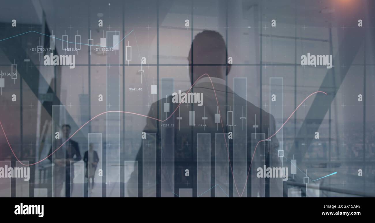 Image of financial data over back view of african american businessman ...