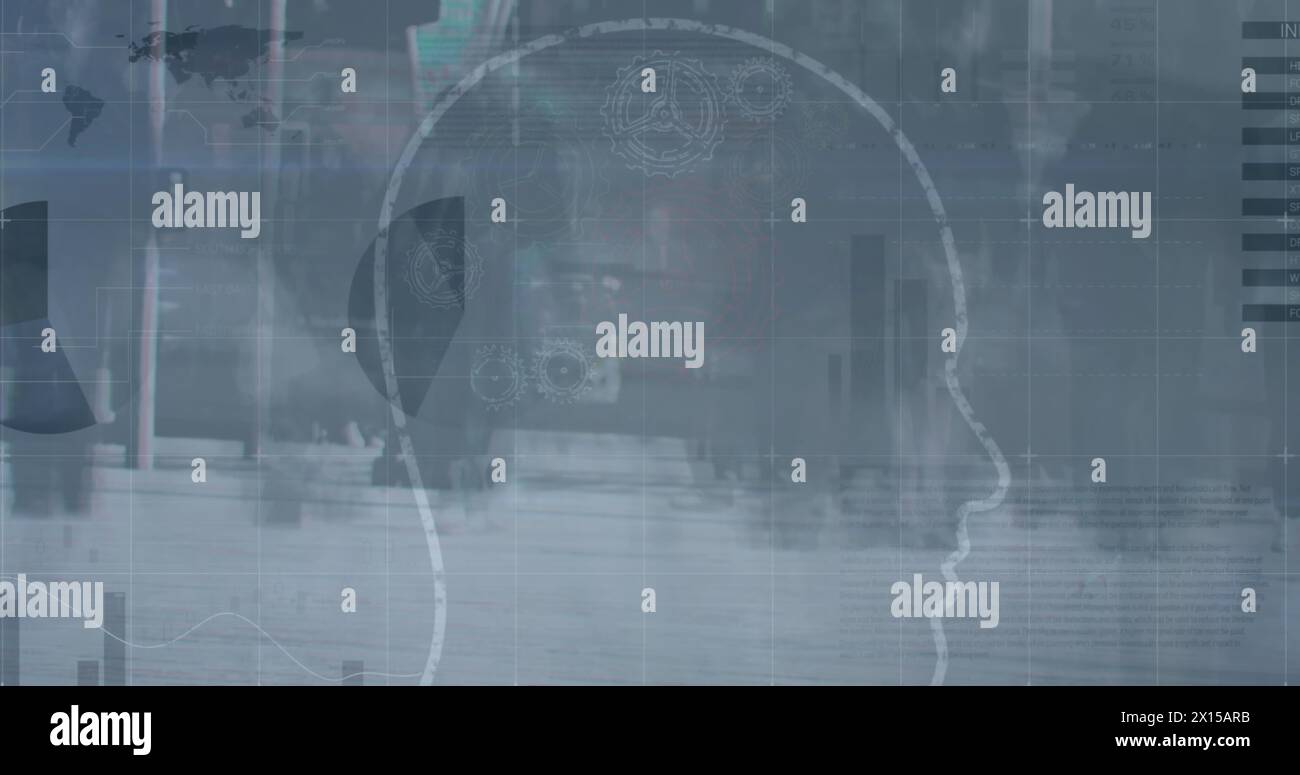 Image of statistical data processing and human head over time-lapse of ...