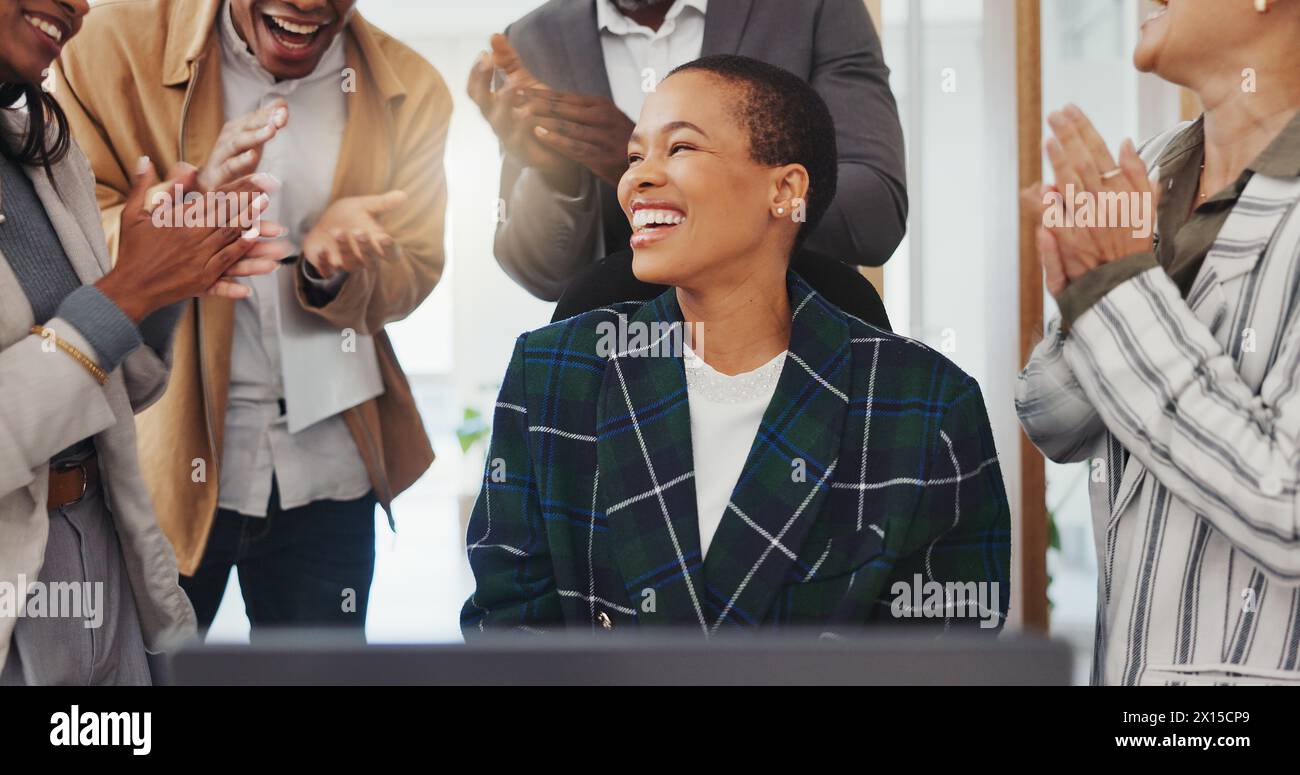 Black woman, congratulations and business team applause, happiness and celebrate winning ...