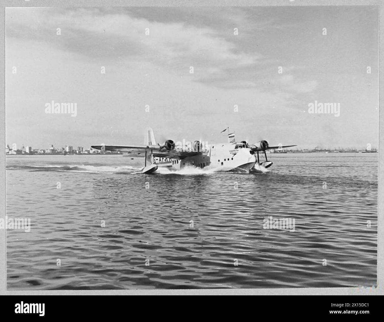 In 1945, the BOAC Empire flying boat 'Cleopatra' is seen taxiing across ...