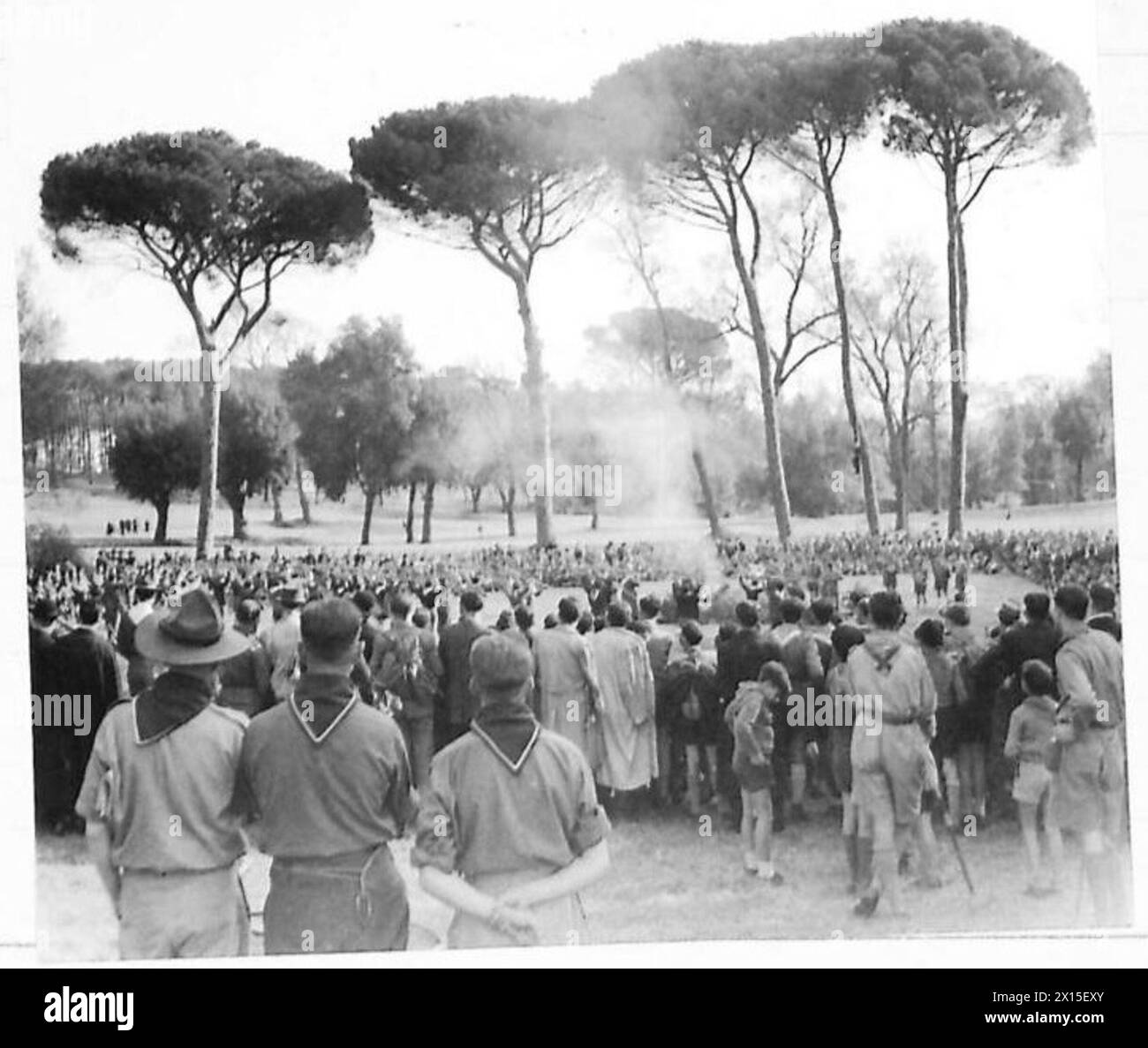 ROME : SCOUT RALLY - General view of the jamboree. A camp fire is ...