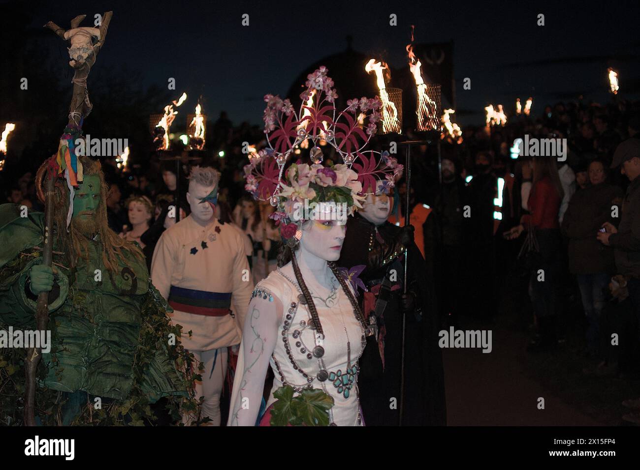 May Queen followed by the Green Man and procession with fire torches ...