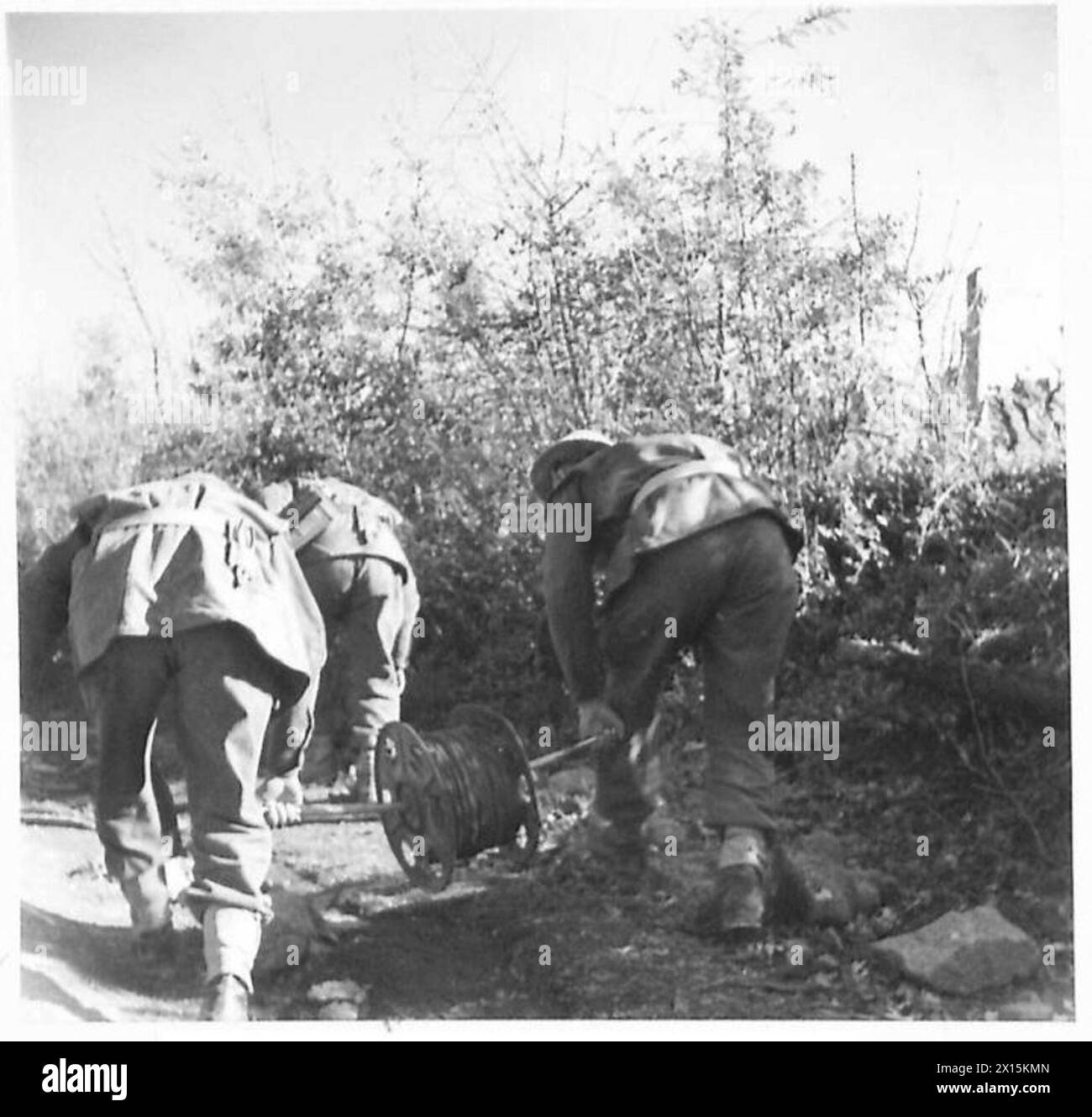 Fifth Army signal personnel laying communication cables in the field ...