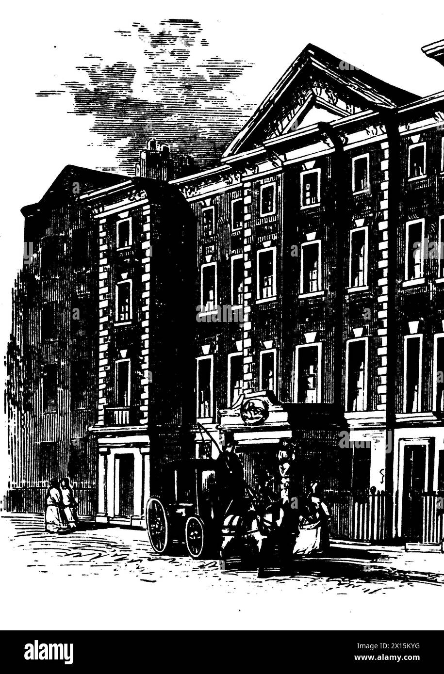 A historic 19th century illustration in black and white of a town house ...