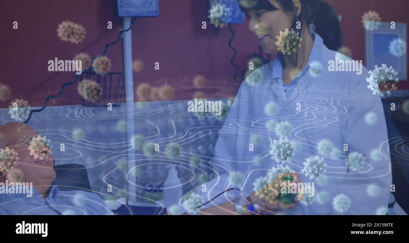 Image of virus cells over biracial female scientist with patient Stock ...