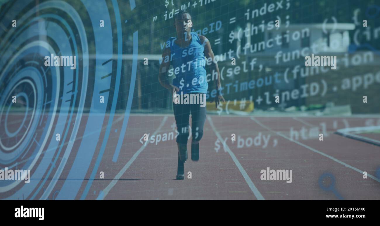 Image of data processing on digital screen over african american male ...