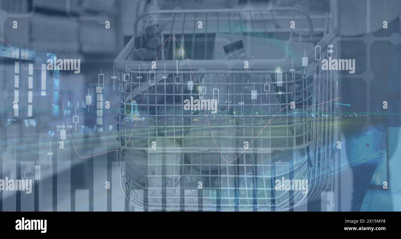Image of data processing over citycsape and cart Stock Photo - Alamy