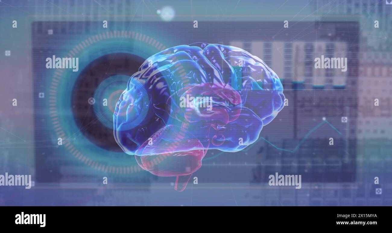 Image of digital interface and brain and data processing over cityscape ...