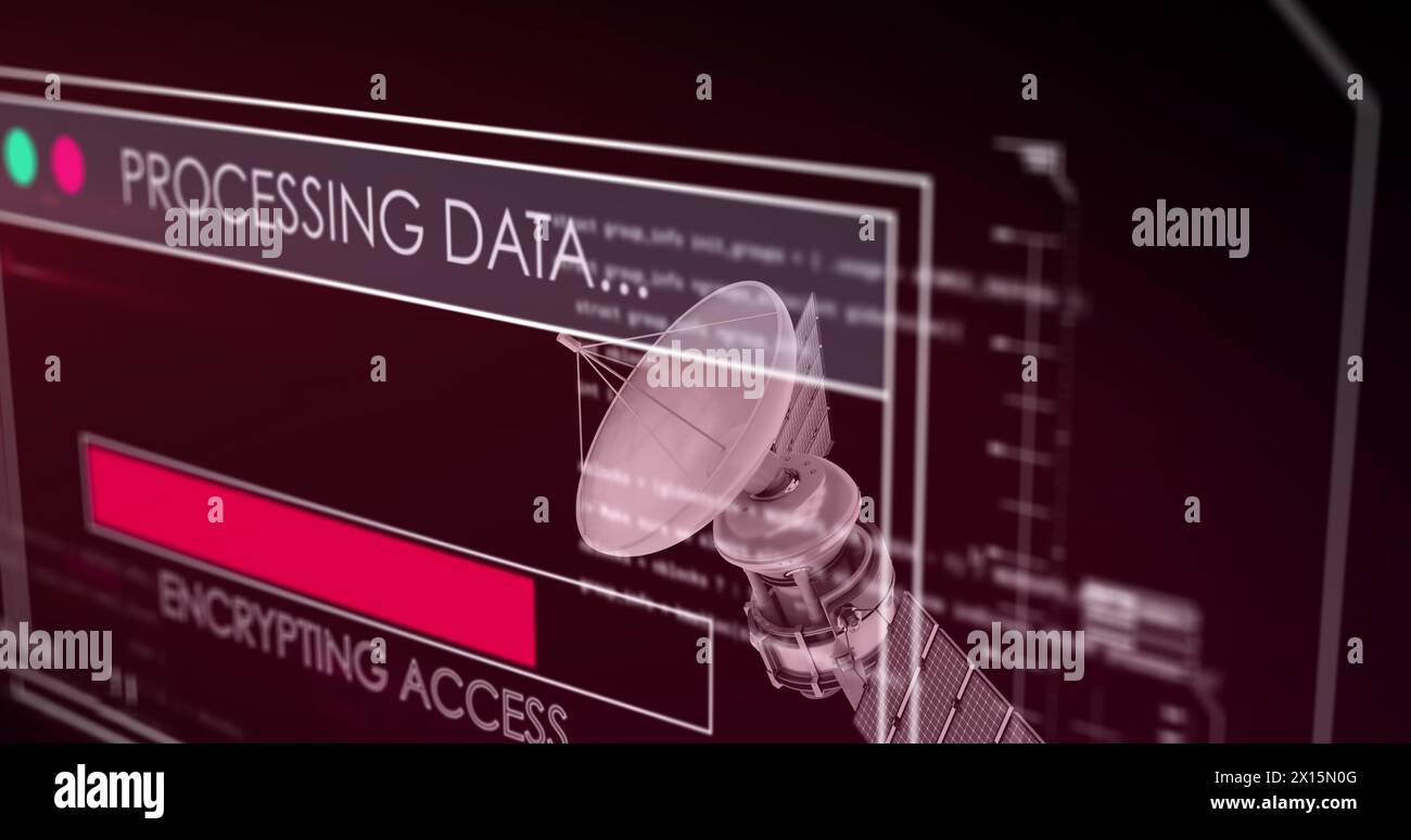 Image of data processing on screen over satellite. Global connections ...