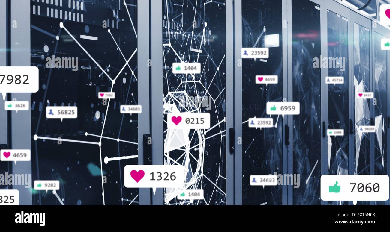 Image of social media icons and numbers and network of connections over ...