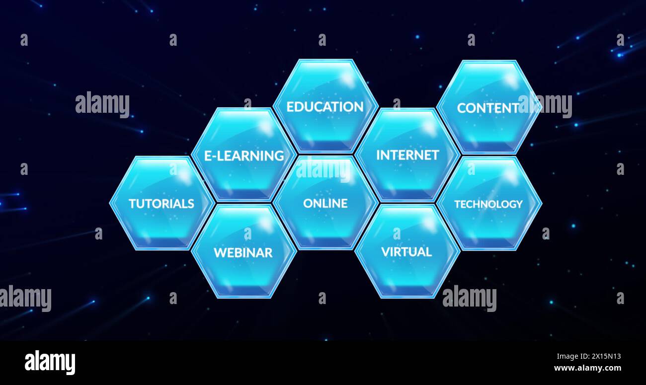 Image of education and learning text on blue hexagons over stars on ...