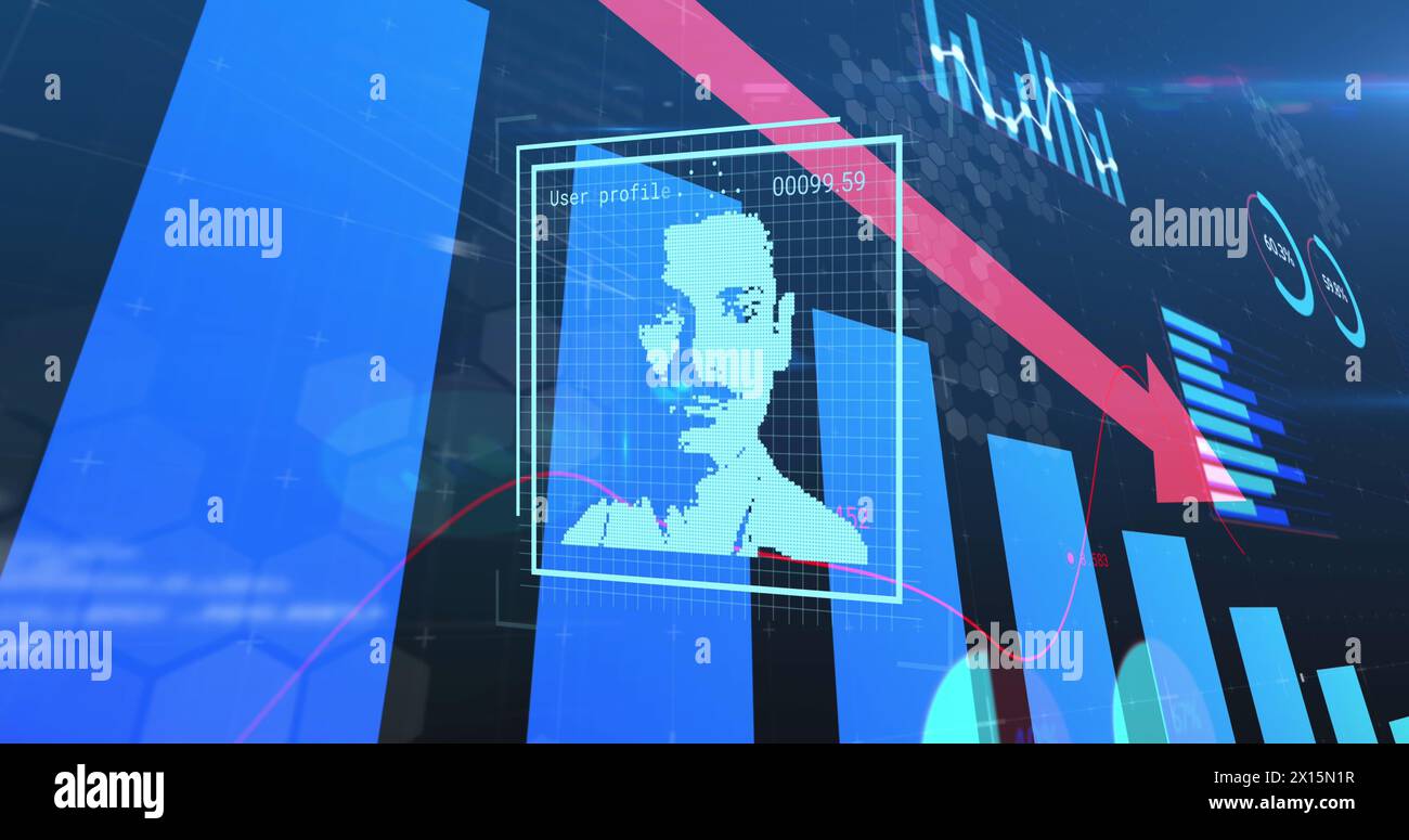 Image of data processing and people icons over blue background Stock ...