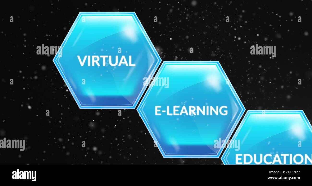 Image of education and learning text on blue hexagons over stars on blue background Stock Photo ...