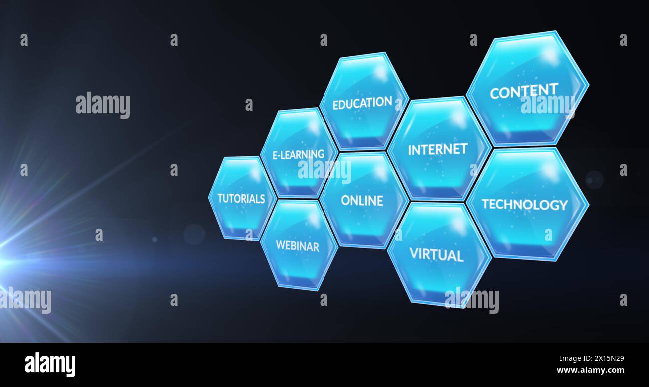 Image of education and learning text on blue hexagons over blue ...
