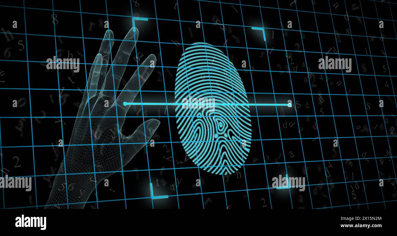 Image of biometric fingerprint, hand, data processing over grid Stock Photo - Alamy