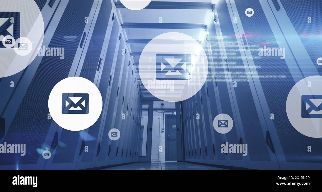 Image of envelope icons and numbers and data processing over computer ...