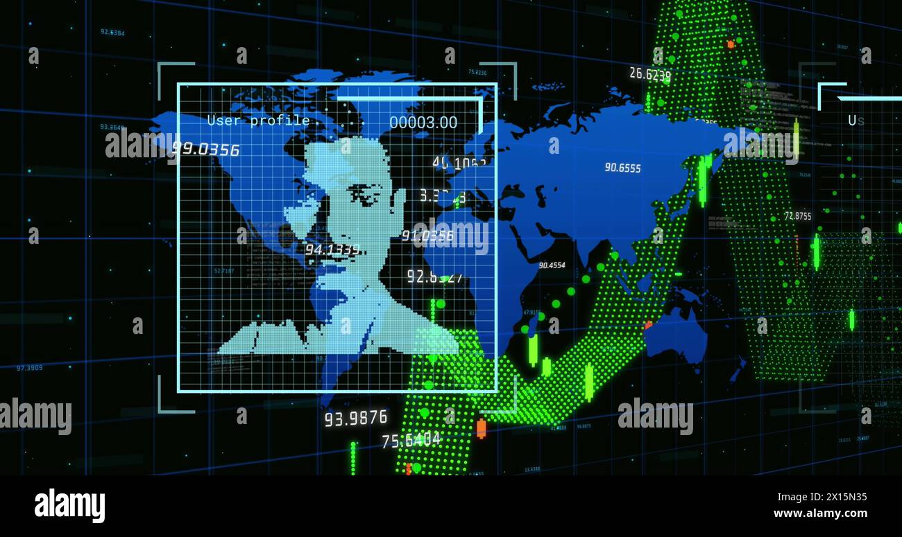 Image of data processing and people icons over black background. Global ...