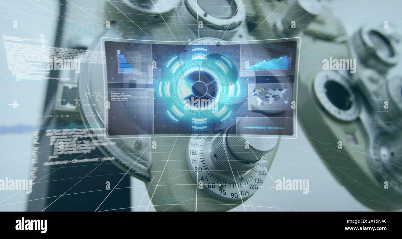 Image of digital screen with data over optic machinery. Digital ...