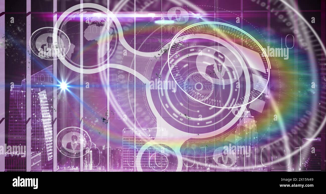 Image of flare, digital circles with globe, profile icons and binary ...