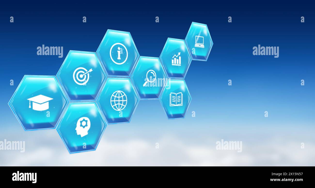 Image of education and learning icons on blue hexagons over blue ...