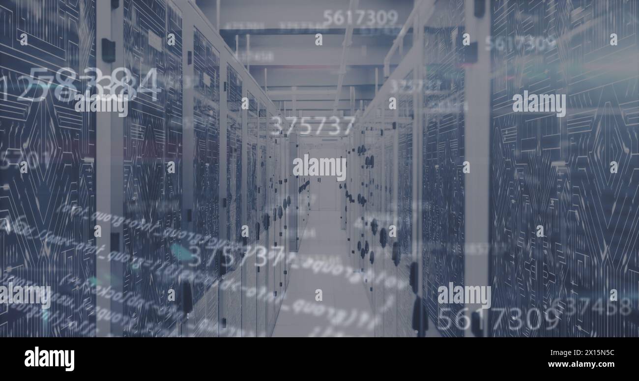 Image of numbers, letters and data processing over servers Stock Photo - Alamy