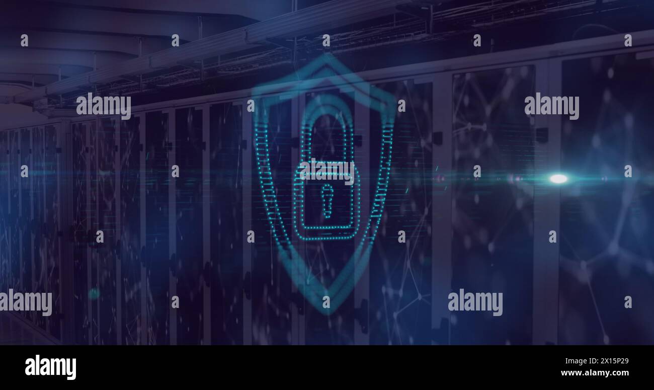 Image of security padlock icon over network of connections against computer server room Stock ...