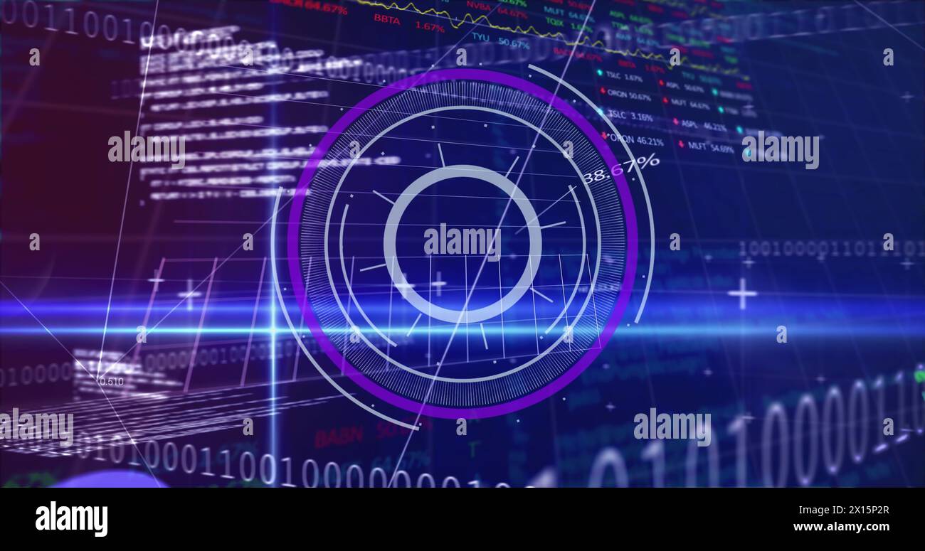 Image of round scanner over stock market data processing and light trail against blue background ...