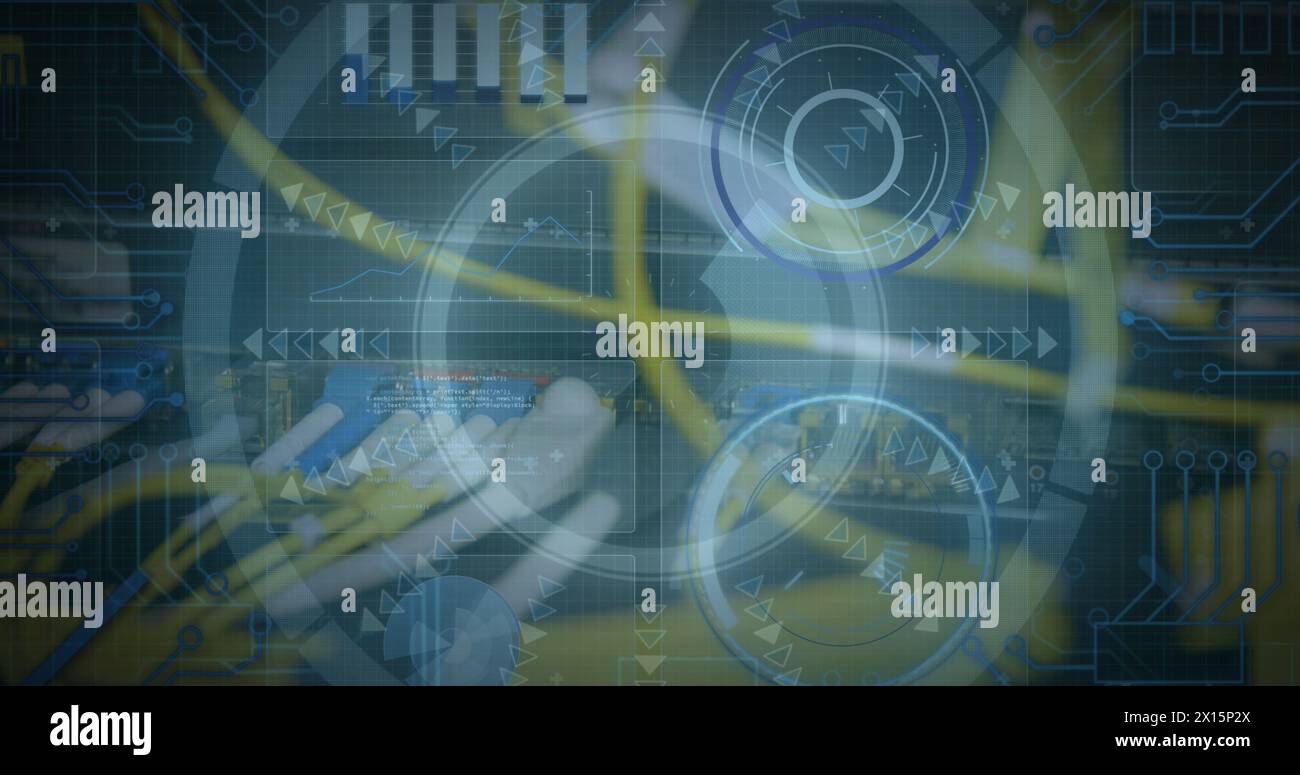 Image of data with hud processing on digital interface against server with wires connected ...