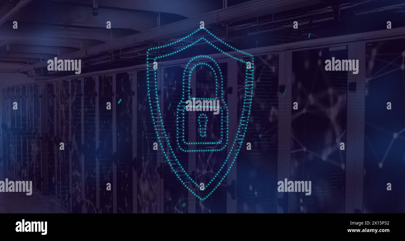 Image of security padlock icon over network of connections against computer server room Stock ...