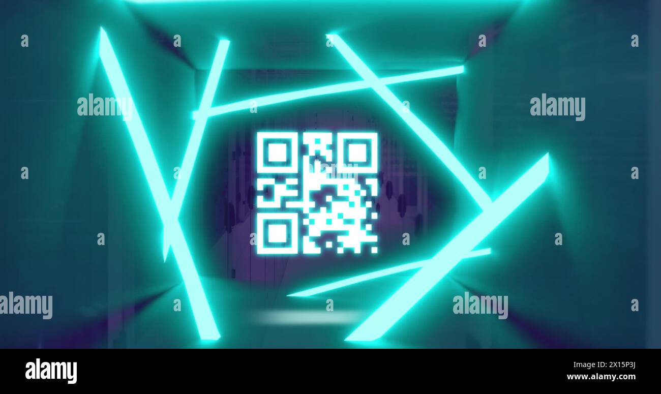 Image of glowing neon and qr code flickering over computer servers ...