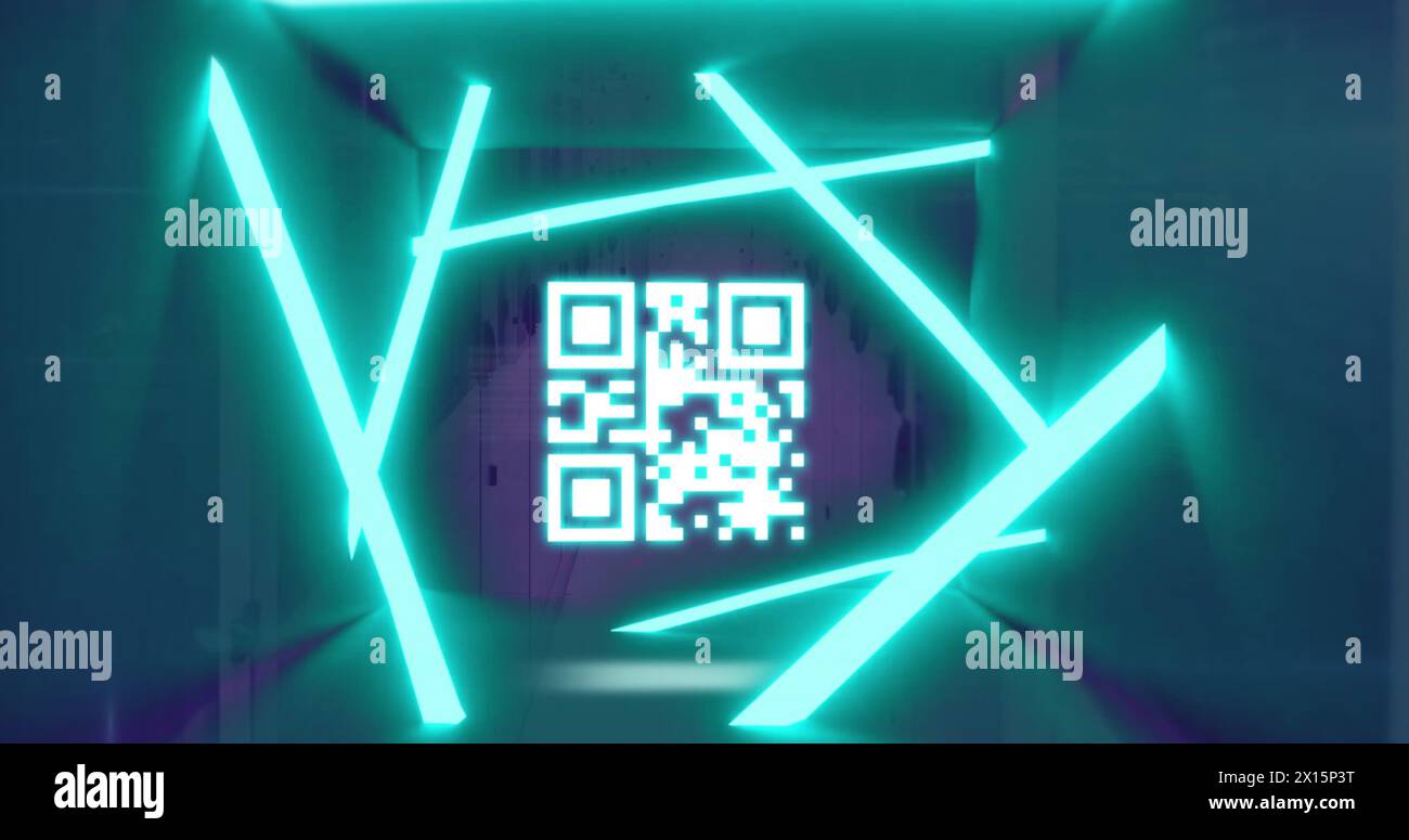 Image of glowing neon and qr code flickering over computer servers ...