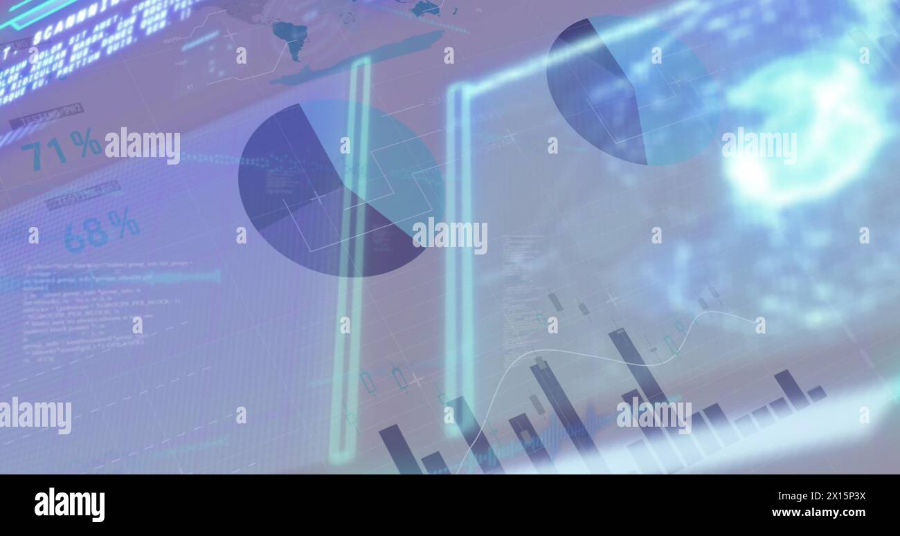 Image of infographic data processing with graphs, charts, neon lights on digital interface Stock ...