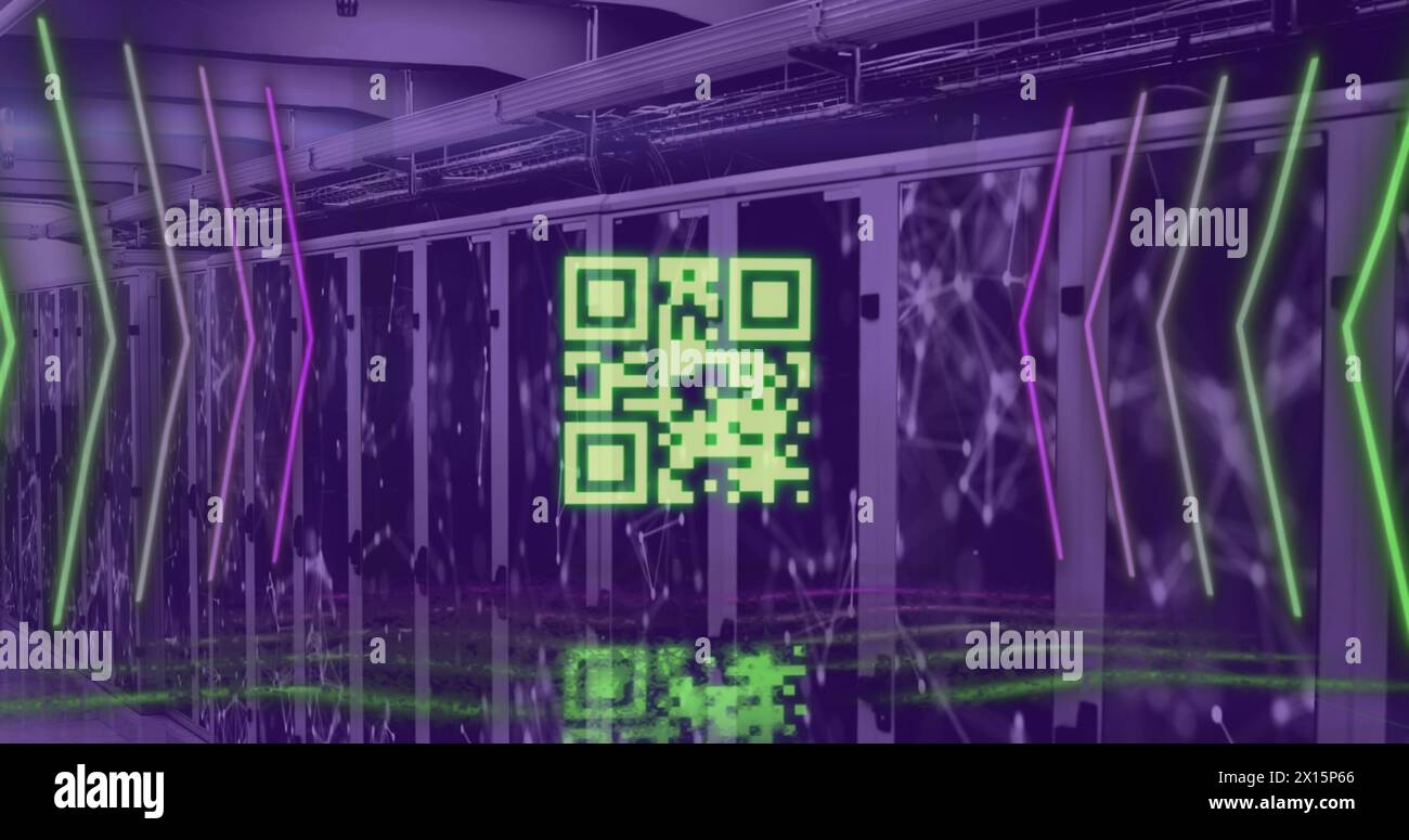 Image of yellow qr code and neon lights over networks and computer server room Stock Photo - Alamy