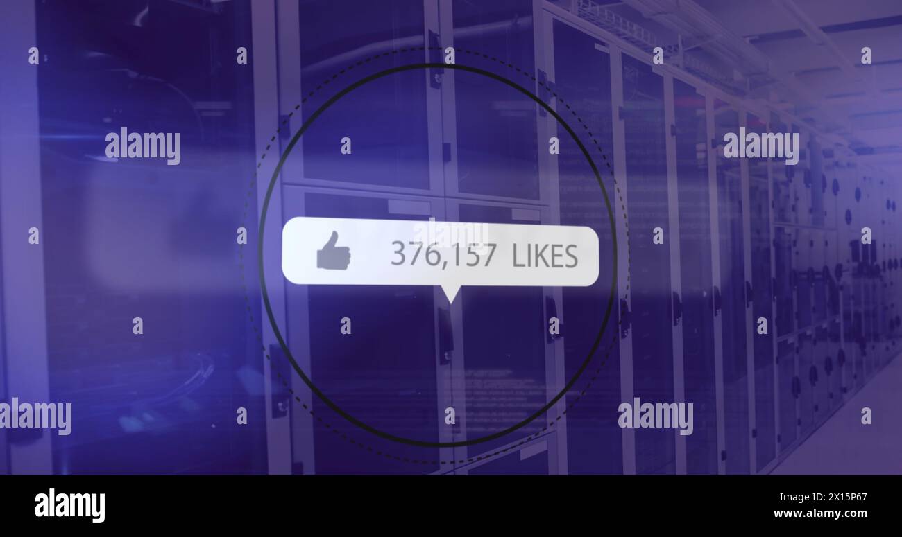 Image of social media likes notification and data processing over computer server room Stock ...