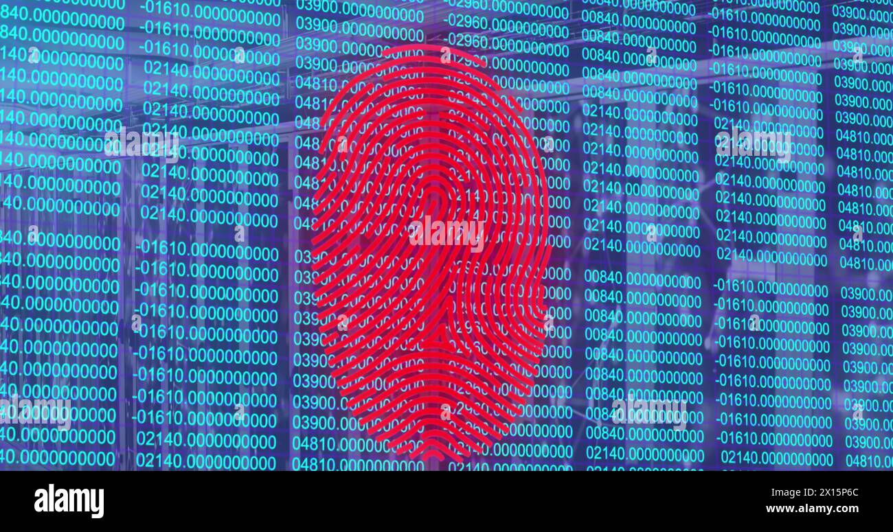 Image of fingerprint scanner and data processing on blue background ...