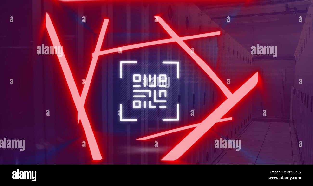 Image of neon qr code scanner and data processing against computer server room Stock Photo - Alamy