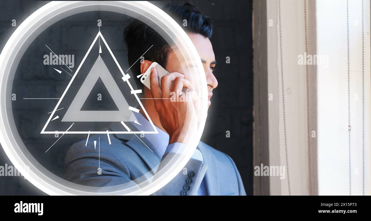 Image of abstract triangular shape pulsating over biracial businessman ...