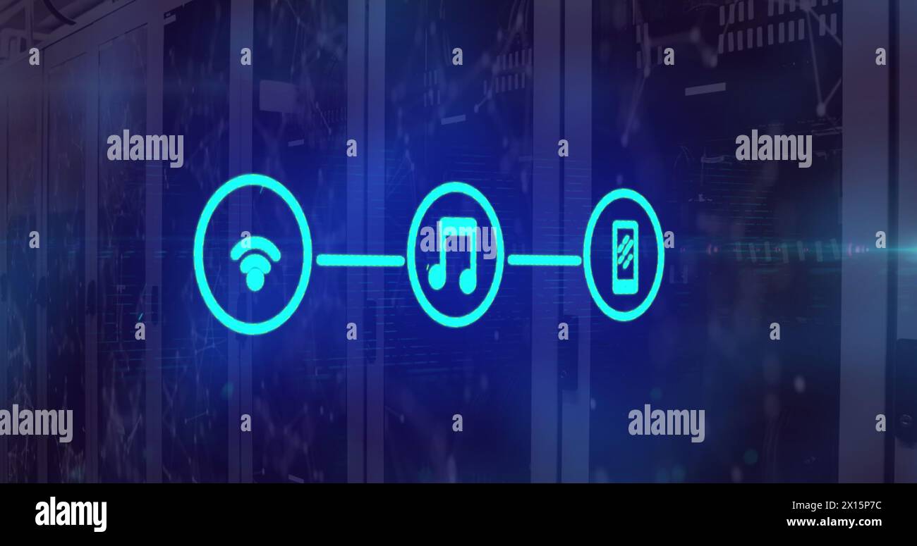 Image of connected blue media icons and network of connections over ...