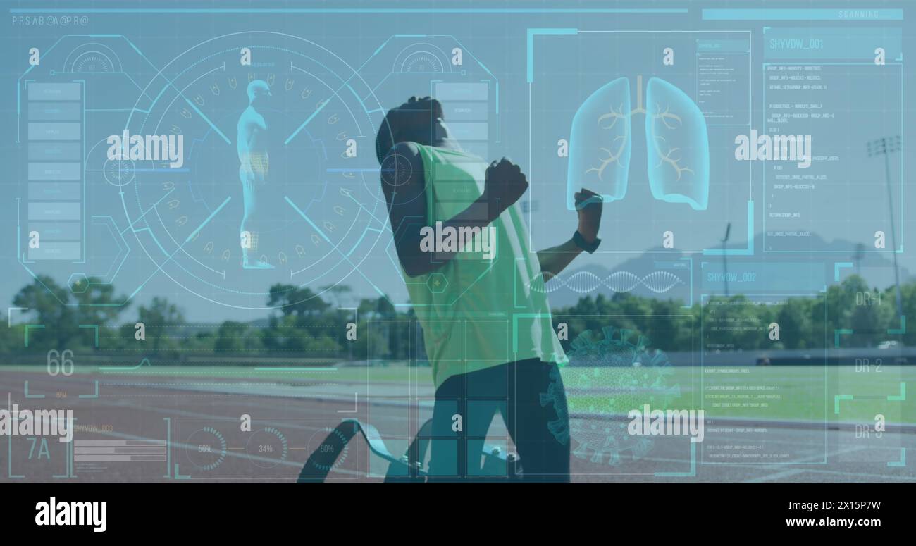 Image of data processing over disabled african american male runner ...