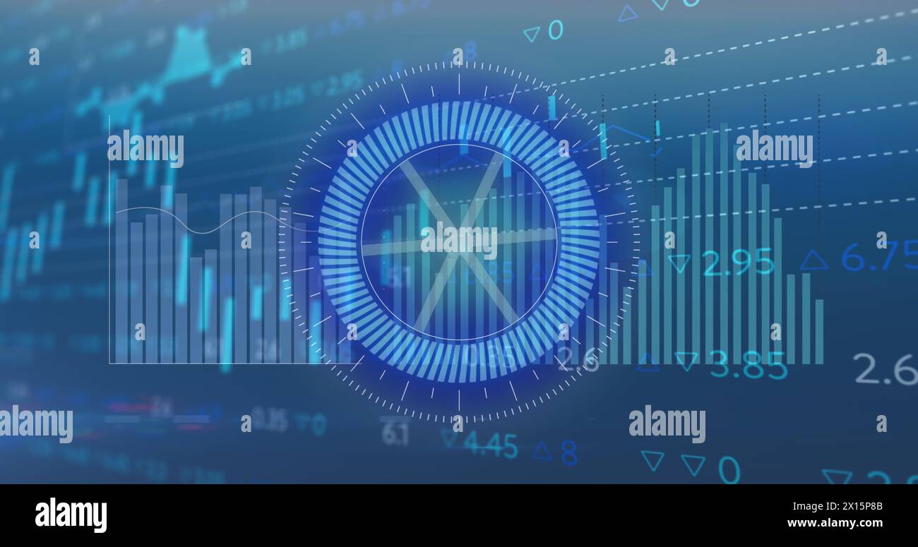 Image of round scanner spinning over statistical data processing against blue background Stock ...