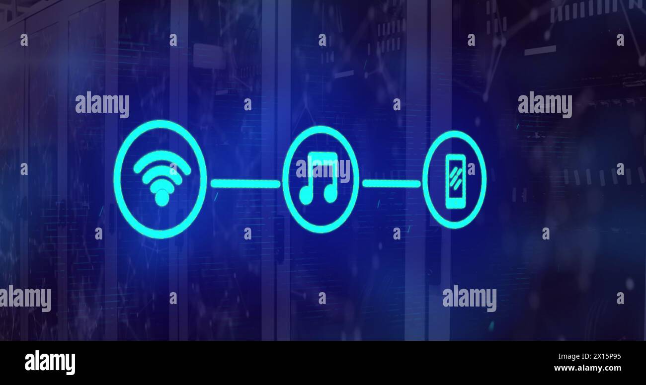 Image of connected blue media icons and network of connections over ...