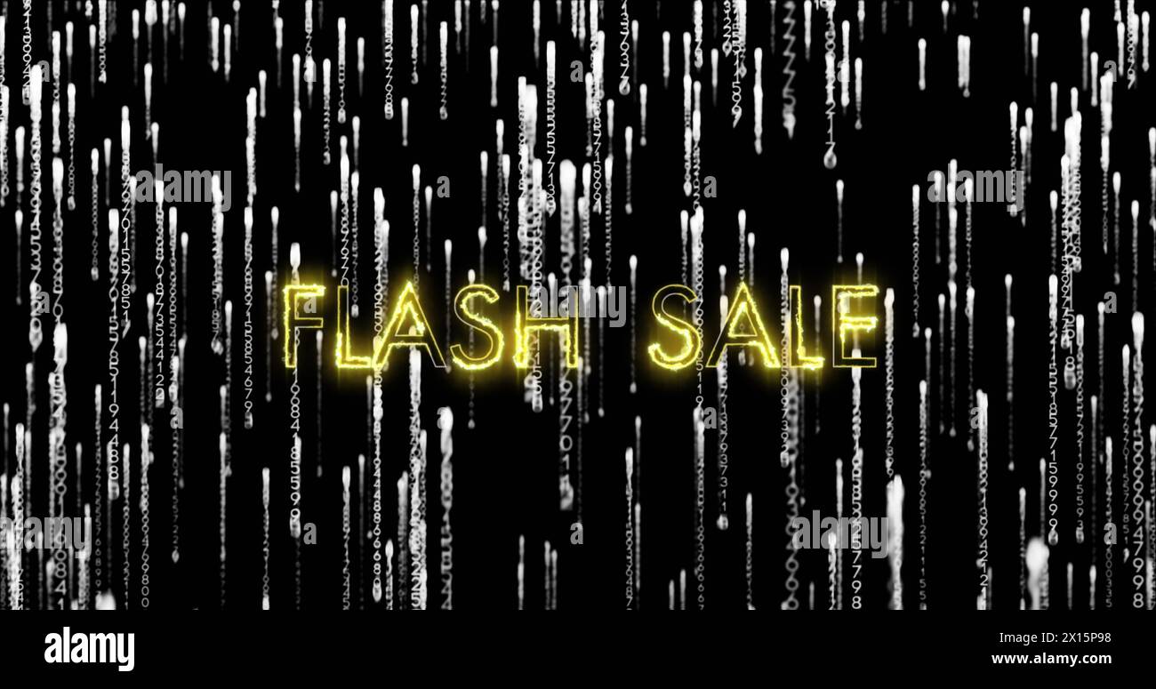 Image of flash sale text over binary matrix code on dark background ...