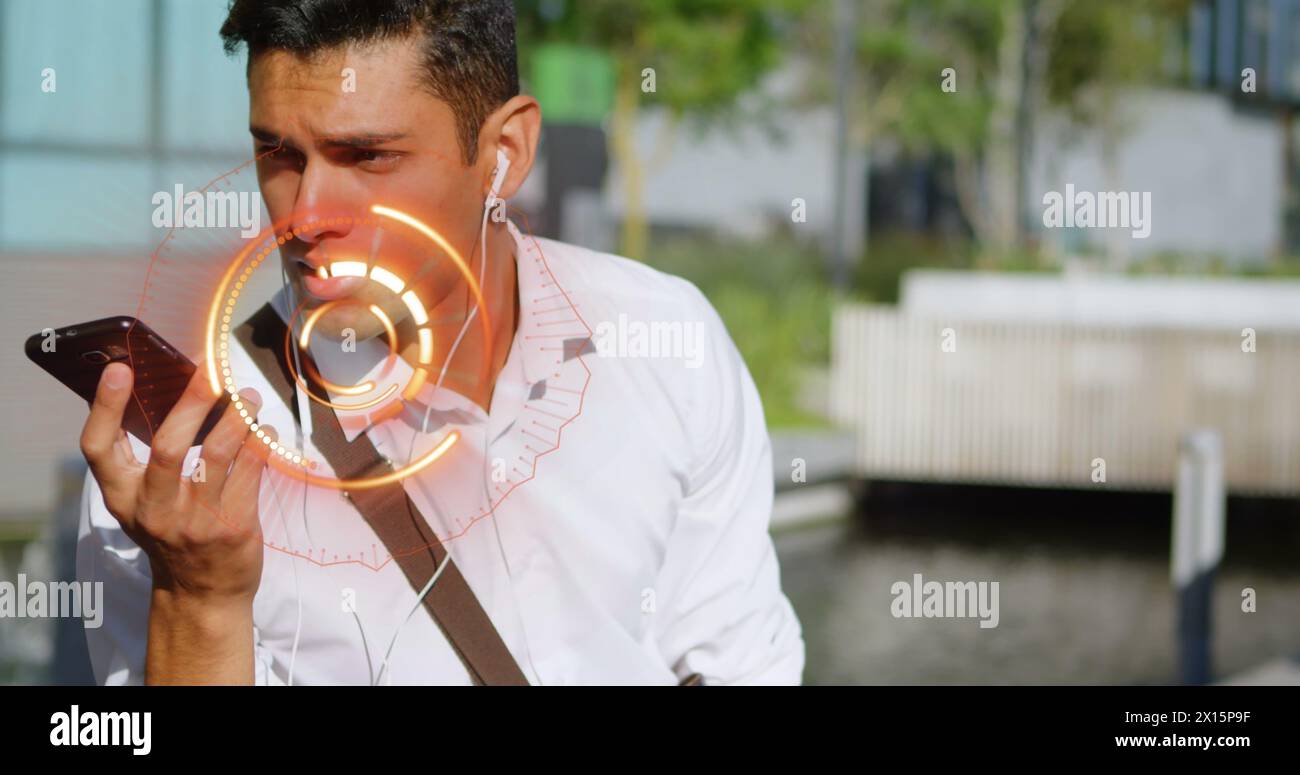 Image of spinning round scanner over biracial man talking on smartphone ...