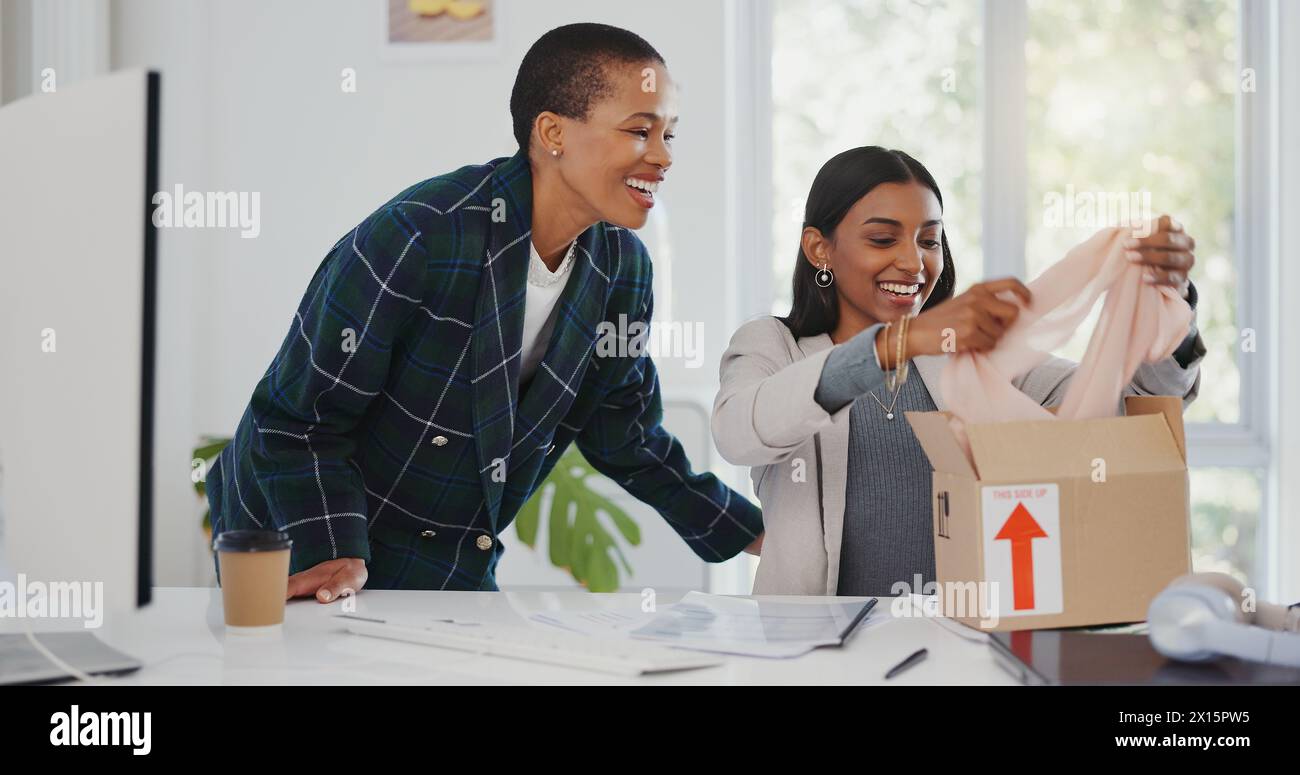 Friends, surprise and clothes in box from online shopping, delivery and ...