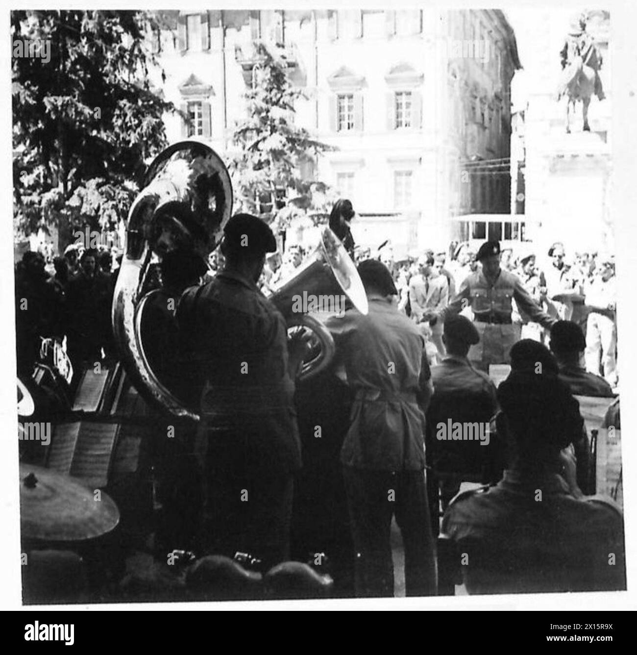 The Royal Tank Regiment band performs in a square at Perugia during ...