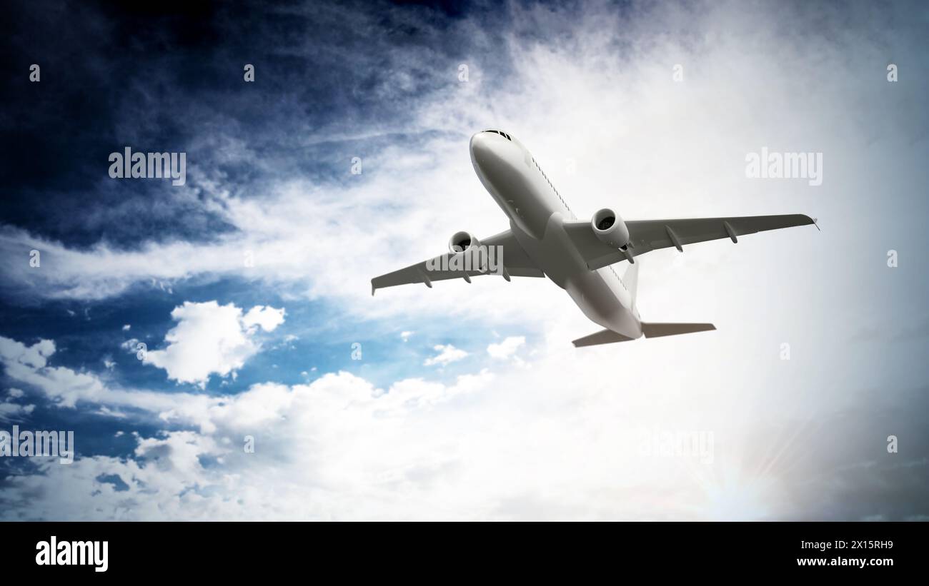 Commercial airplane rising high in the sky. 3D illustration Stock Photo ...