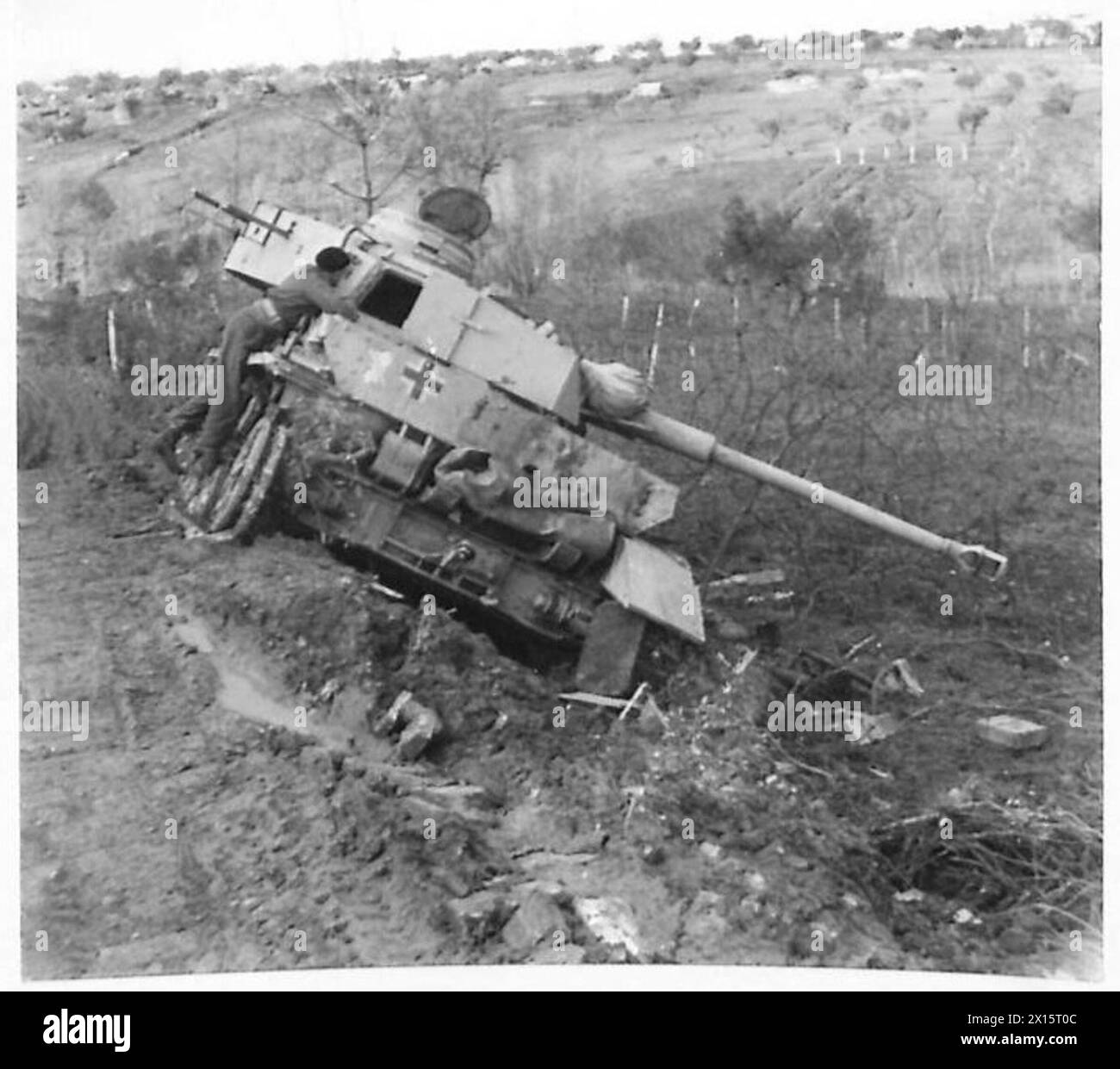 A German Mk IV tank is destroyed during the British Eighth Army’s ...