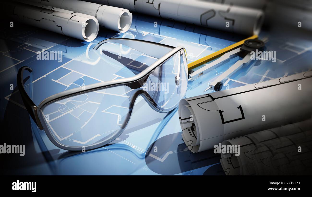 Augmented reality glasses with architectural bluprint floor plans. 3D ...