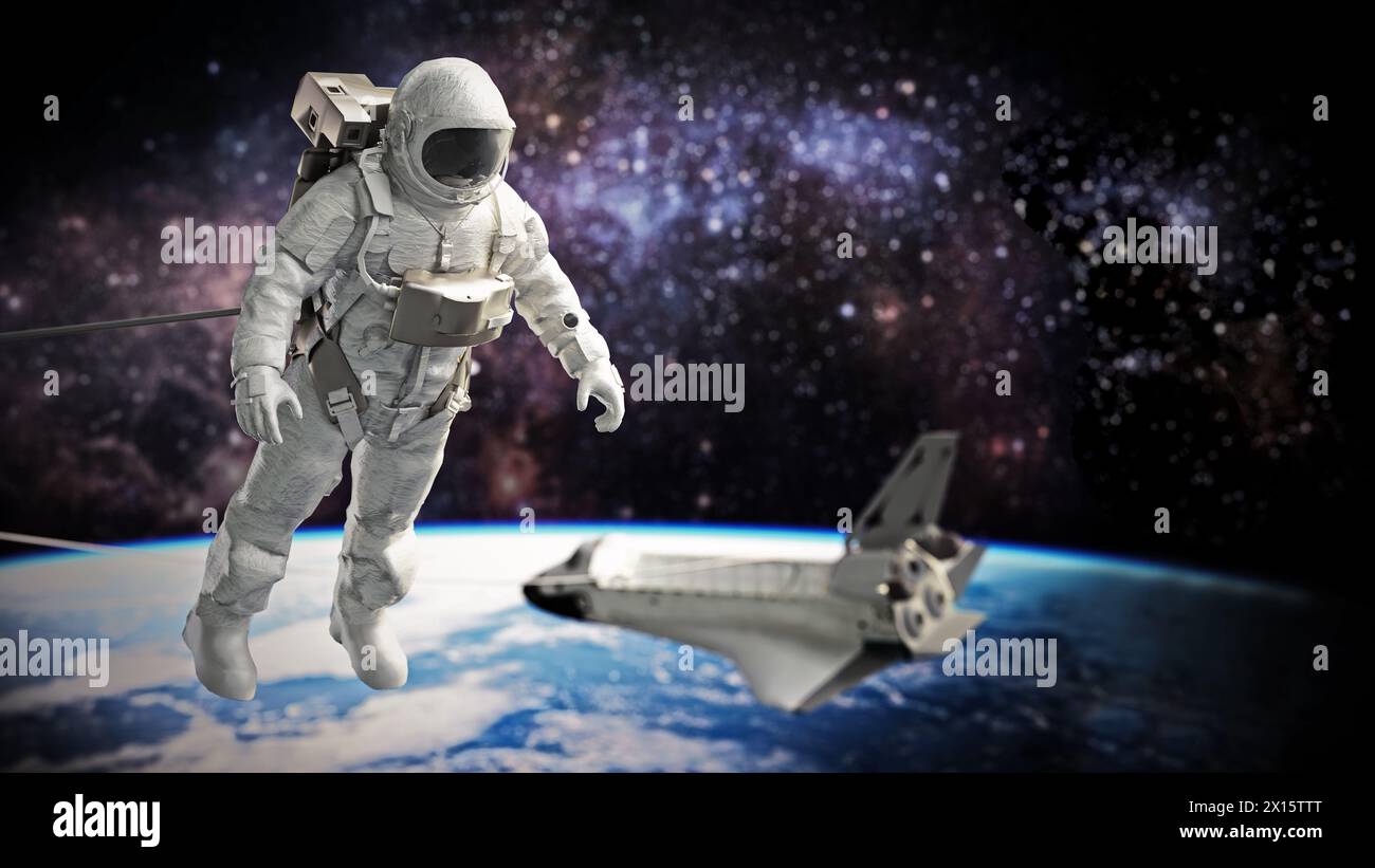 Spacewalking astronaut with a view of the Earth and space shuttle at ...