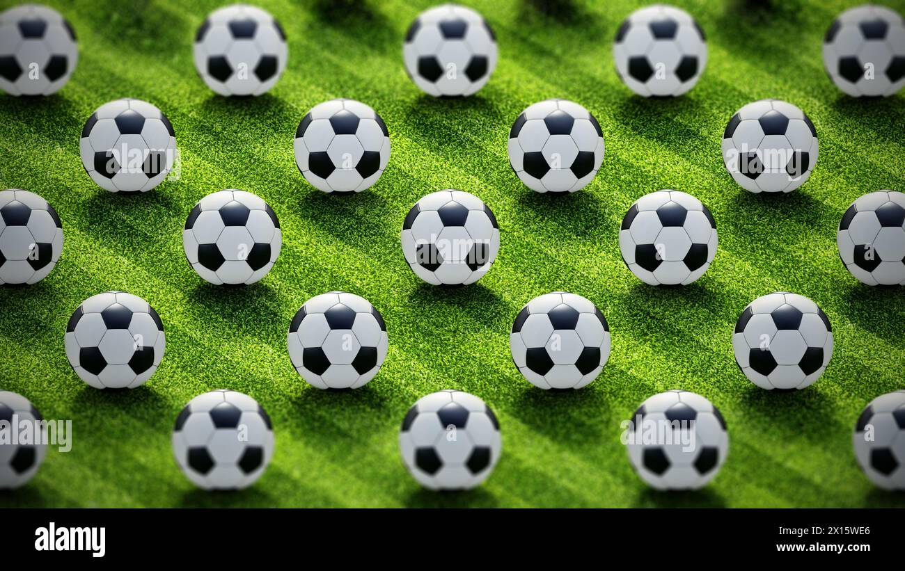 Group of soccer balls on football pitch. 3D illustration Stock Photo ...